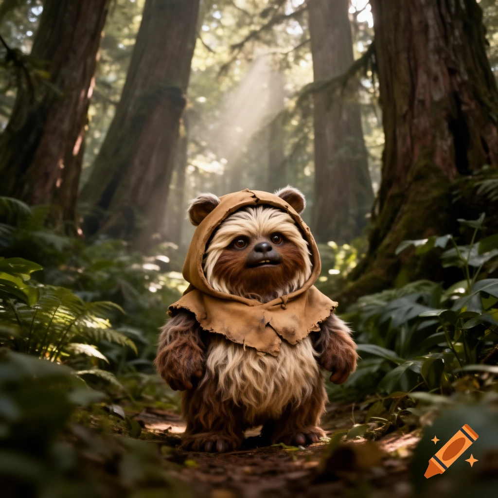 A fluffy Ewok in a brown hooded cloak stands on a forest path with ...