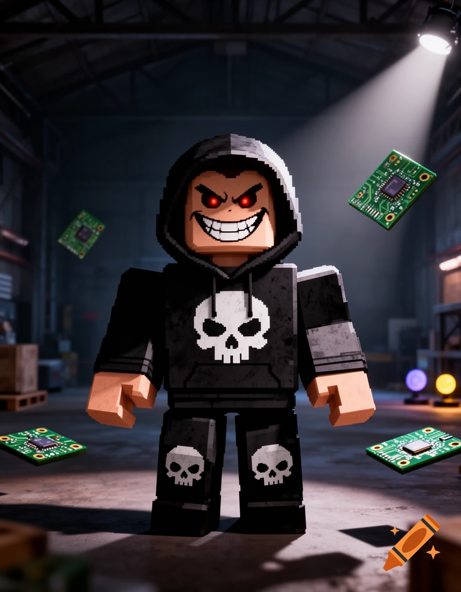 Pixelated Roblox-style character with glowing red eyes and a villainous ...