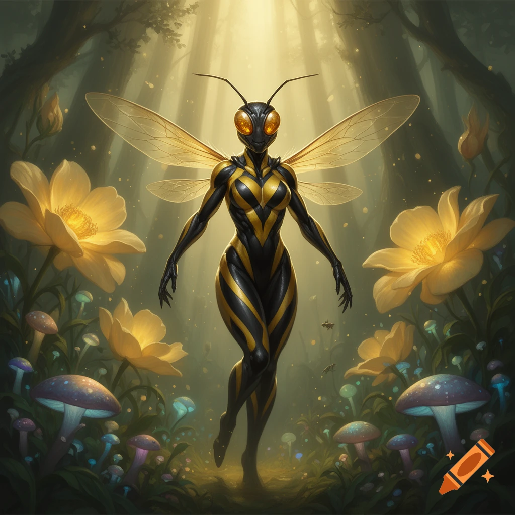 A muscular humanoid bee-woman with yellow and black stripes, compound ...