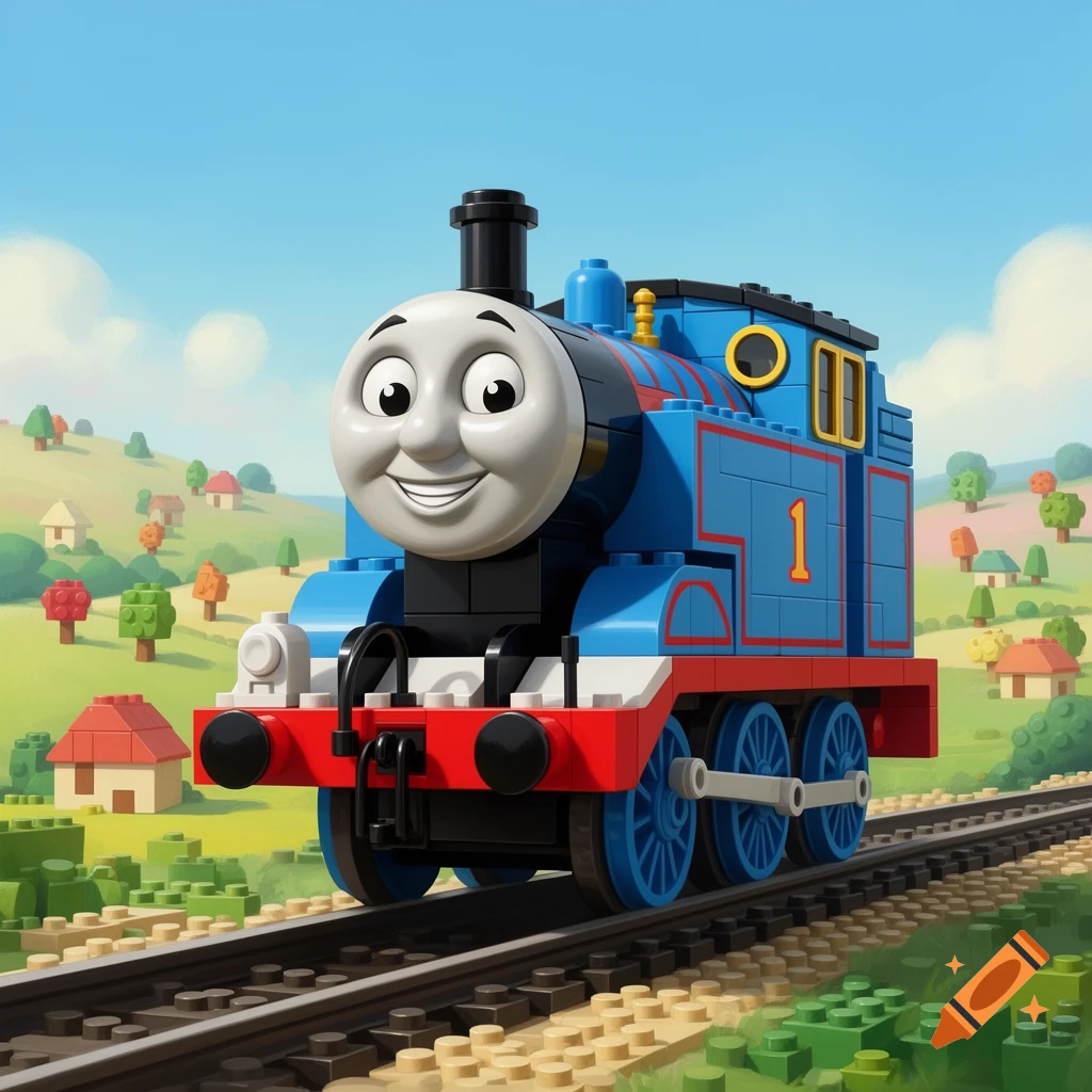 Lego Thomas the Tank Engine on tracks in a vibrant, blocky landscape ...