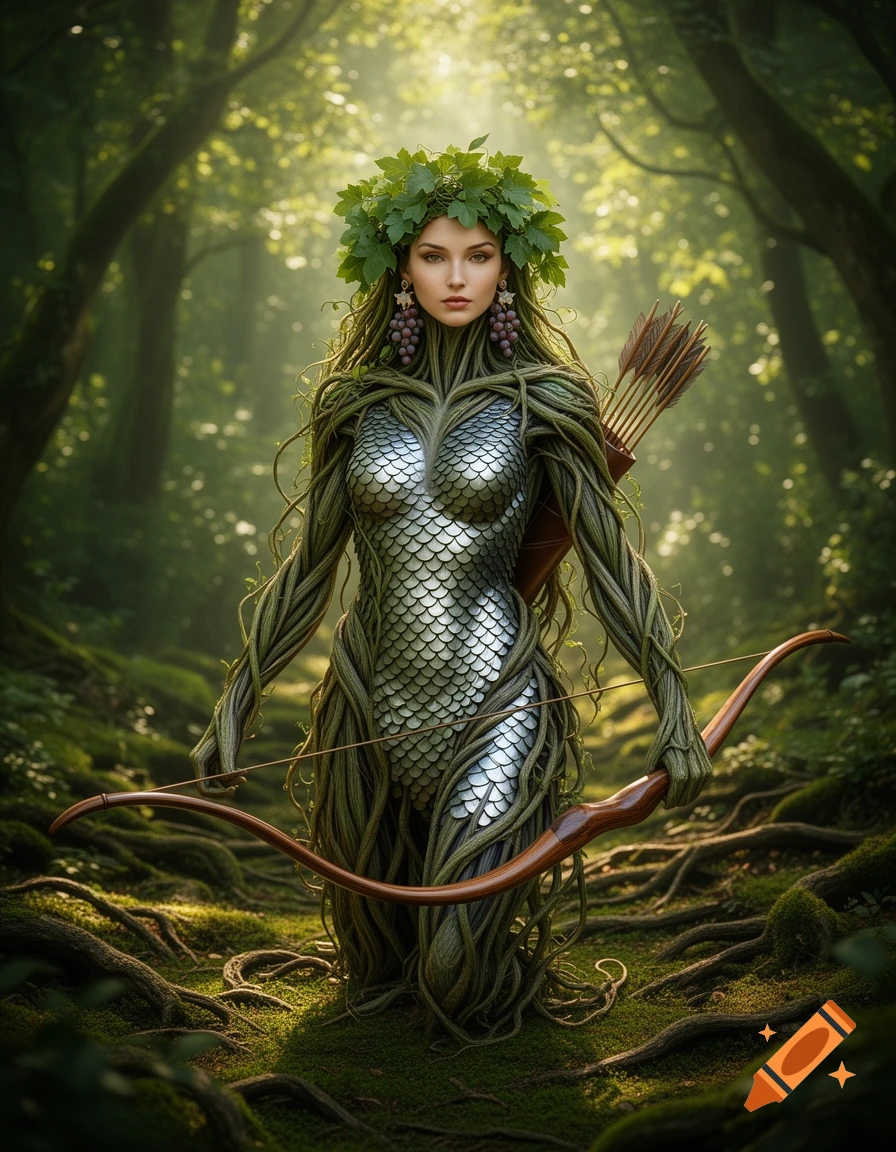 Photorealistic fantasy of a vine-covered female dryad in scale mail ...