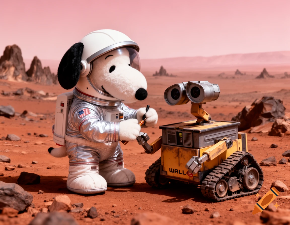 Snoopy in an astronaut suit fixes WALL-E on the red, rocky surface of ...