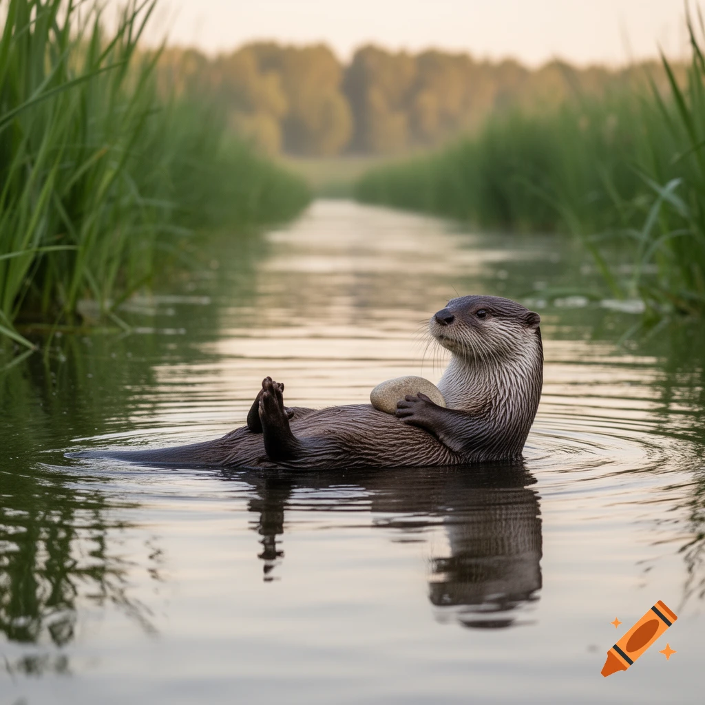 A photorealistic otter floats on its back in a tranquil river, holding ...