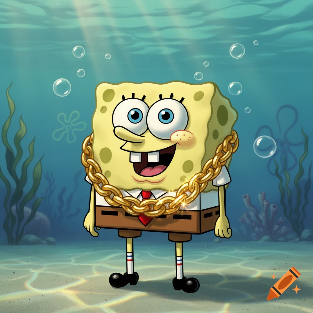 SpongeBob SquarePants wearing a shiny gold chain, standing underwater ...