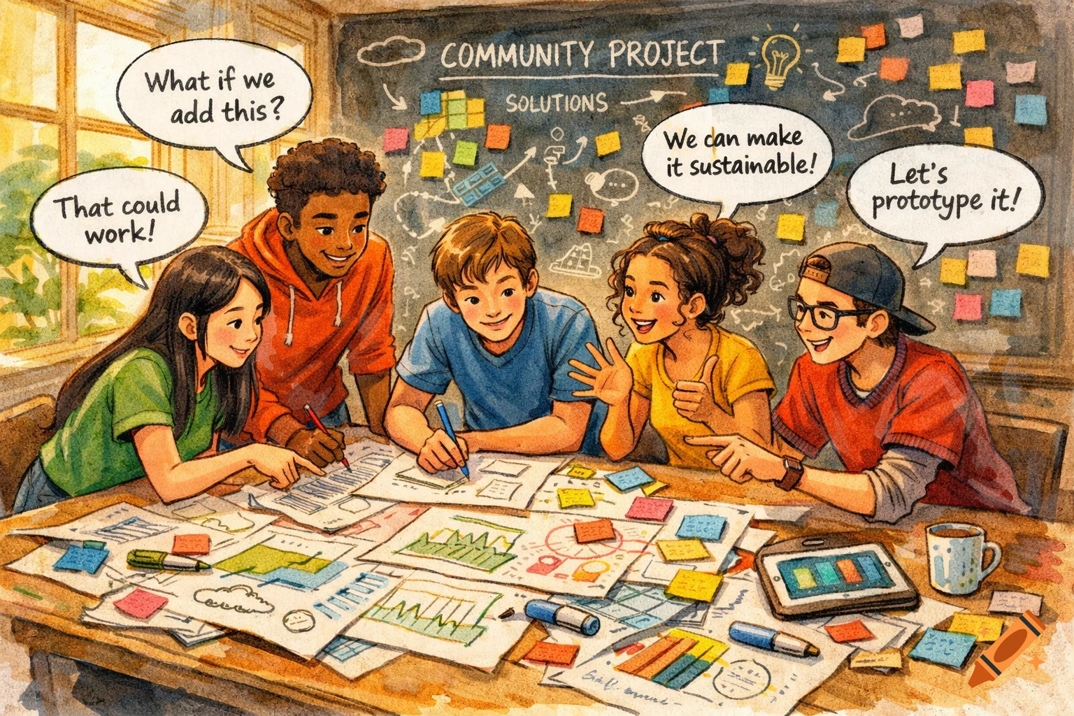 Illustration of diverse students collaborating on a community project ...
