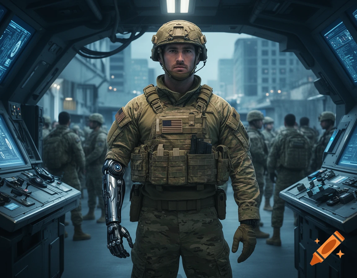 A photorealistic image of a male American soldier with a cybernetic ...