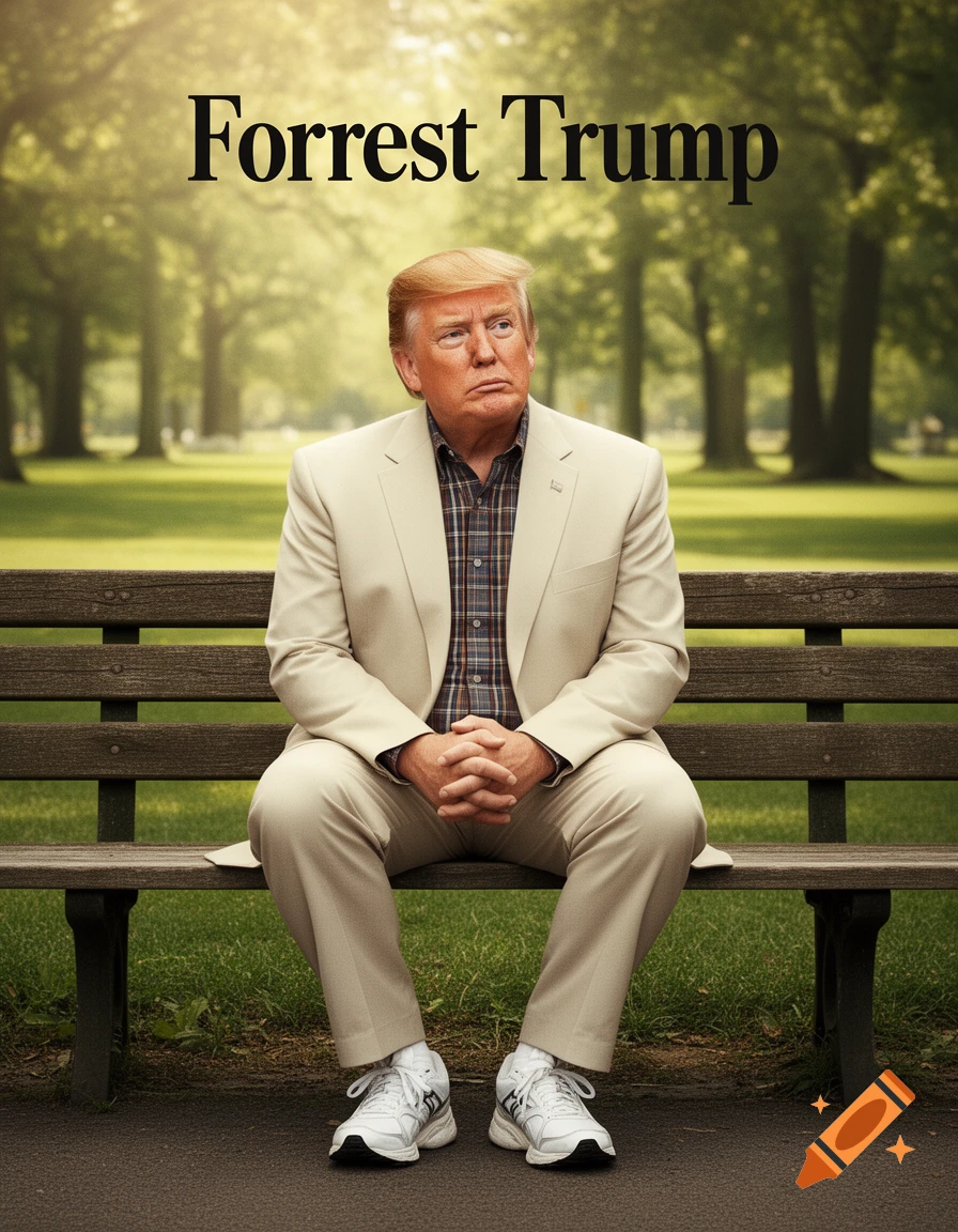 Photorealistic movie poster parody showing Donald Trump as Forrest Gump ...