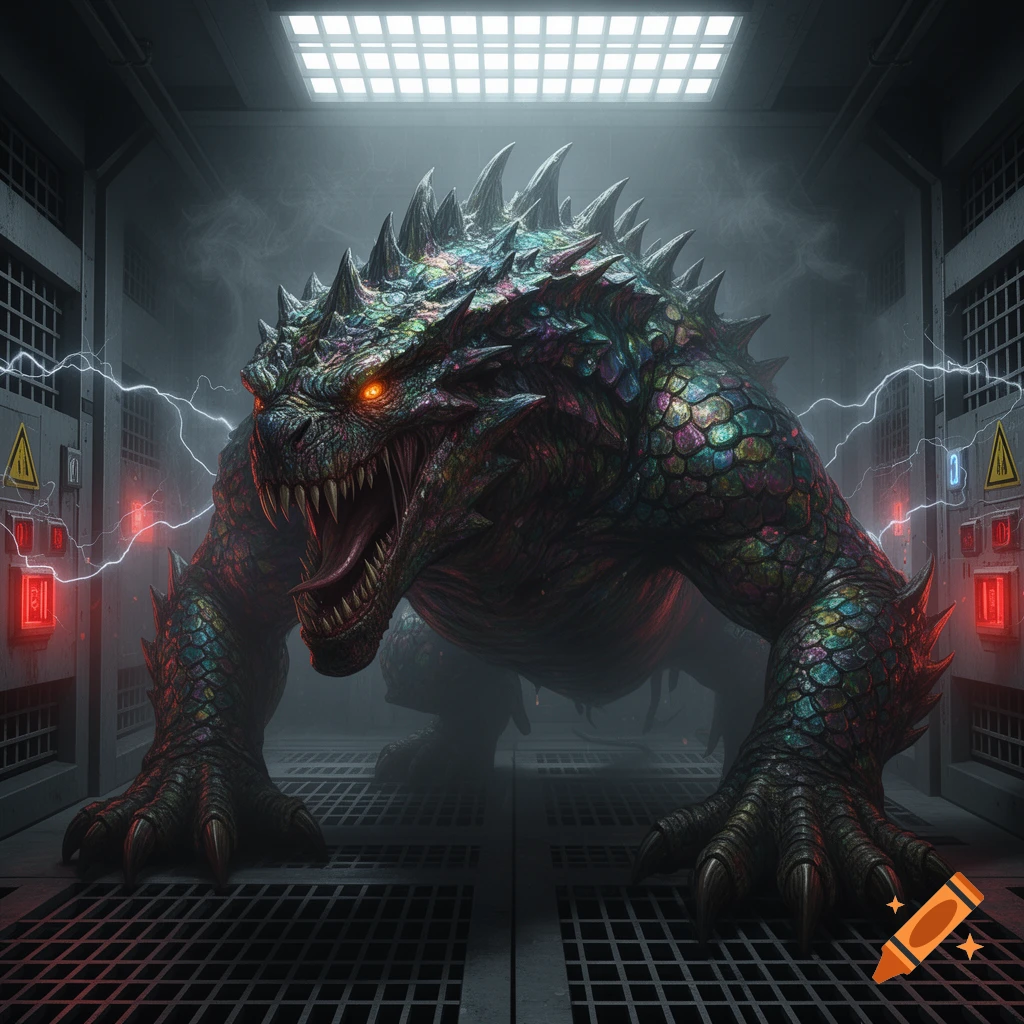 A monstrous, scaly creature with glowing red eyes and sharp teeth ...