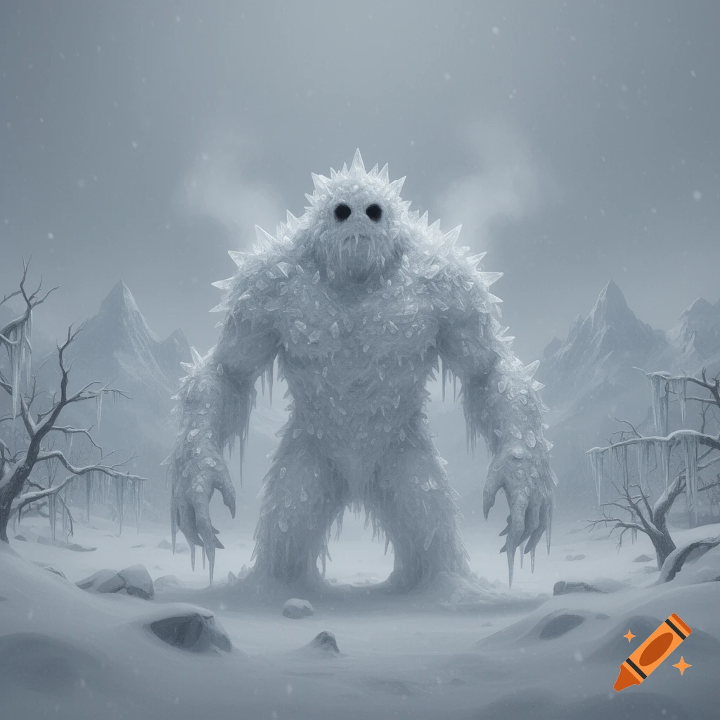 A massive, spiky snow monster with black eyes stands in a desolate ...
