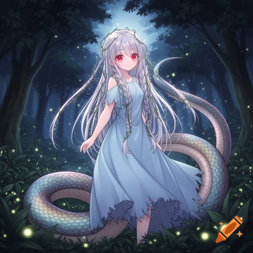 An anime lamia with long white hair, red eyes, and a blue dress stands ...