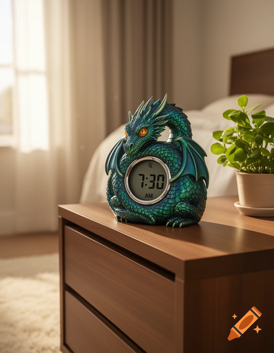 A detailed green and blue dragon-shaped alarm clock showing 7:30 AM ...