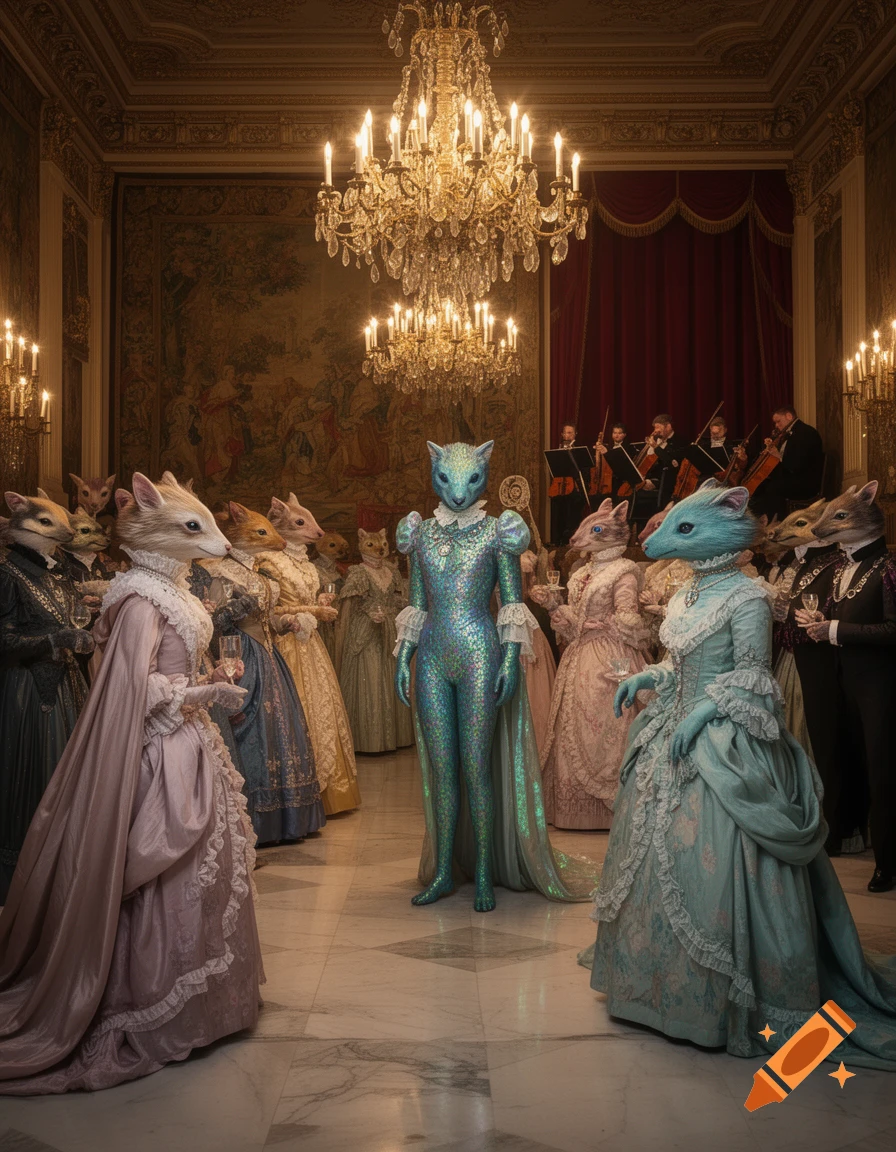 Anthropomorphic animals in Regency-era formal wear attend a grand ball ...