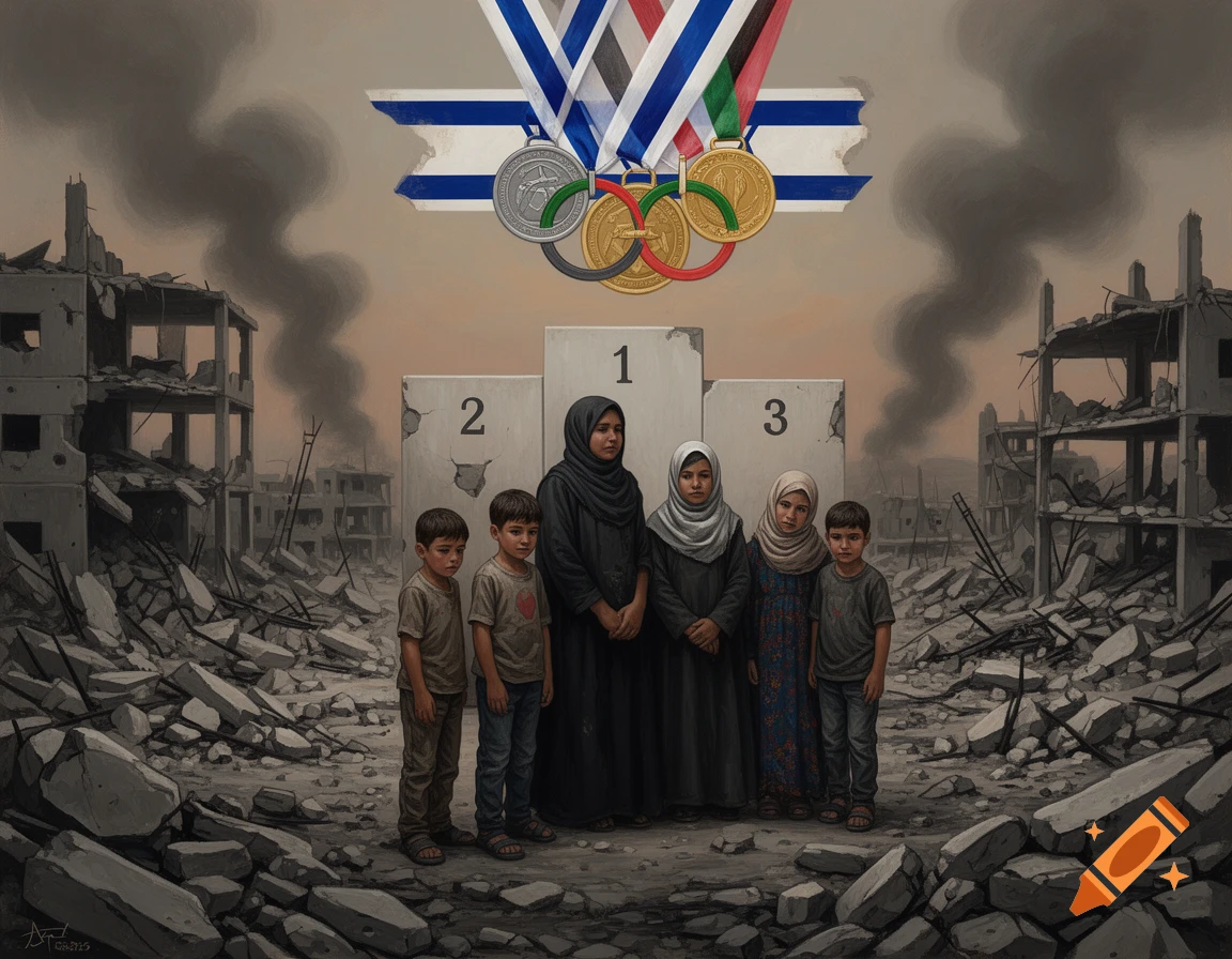 Digital art of Palestinian women and children standing on rubble in a ...