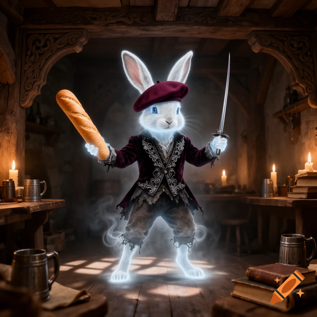 A glowing white ghost rabbit wearing a maroon beret and dark velvet ...