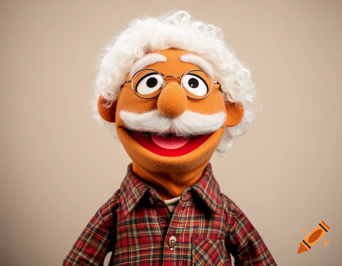 An orange Muppet-style puppet with white curly hair, a white mustache ...