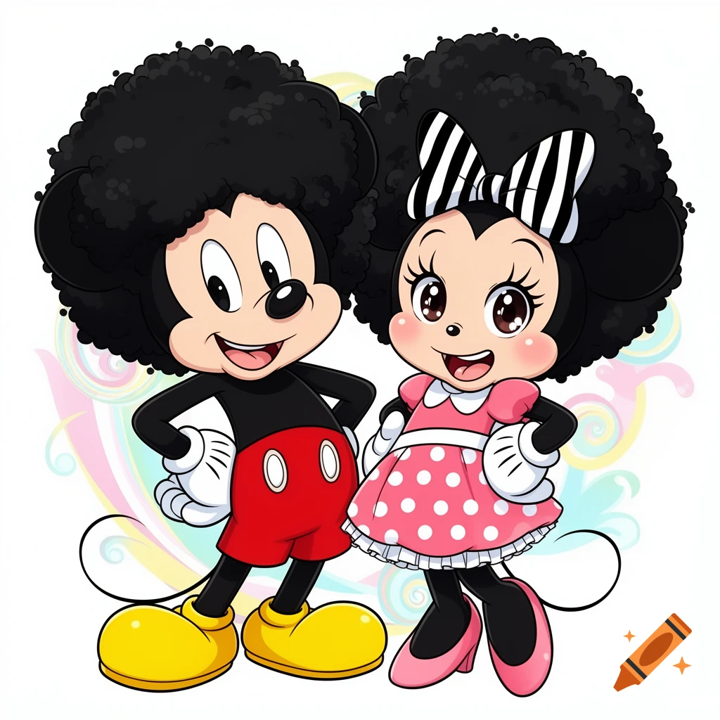 Mickey Mouse and Minnie Mouse with large black afro hairstyles smiling ...