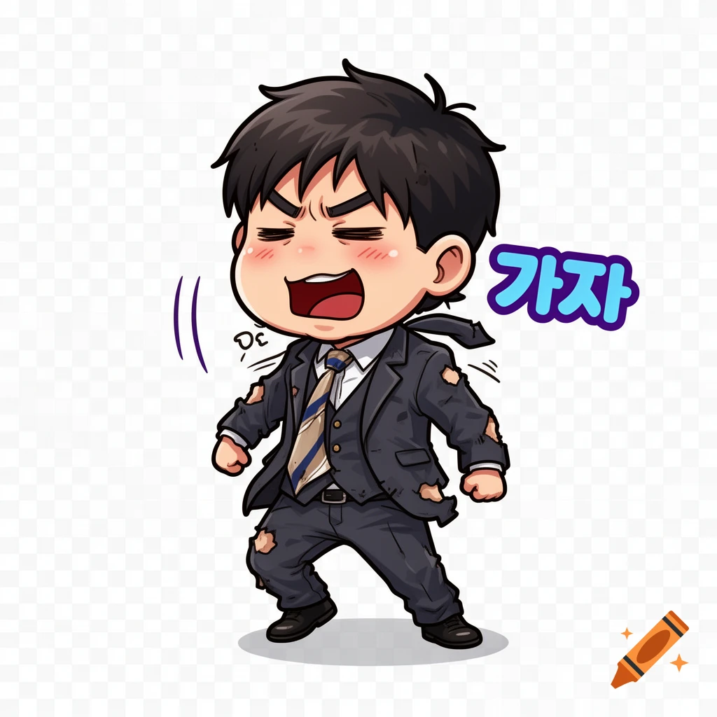 Chibi businessman in a ripped suit, looking angry and shouting, with ...
