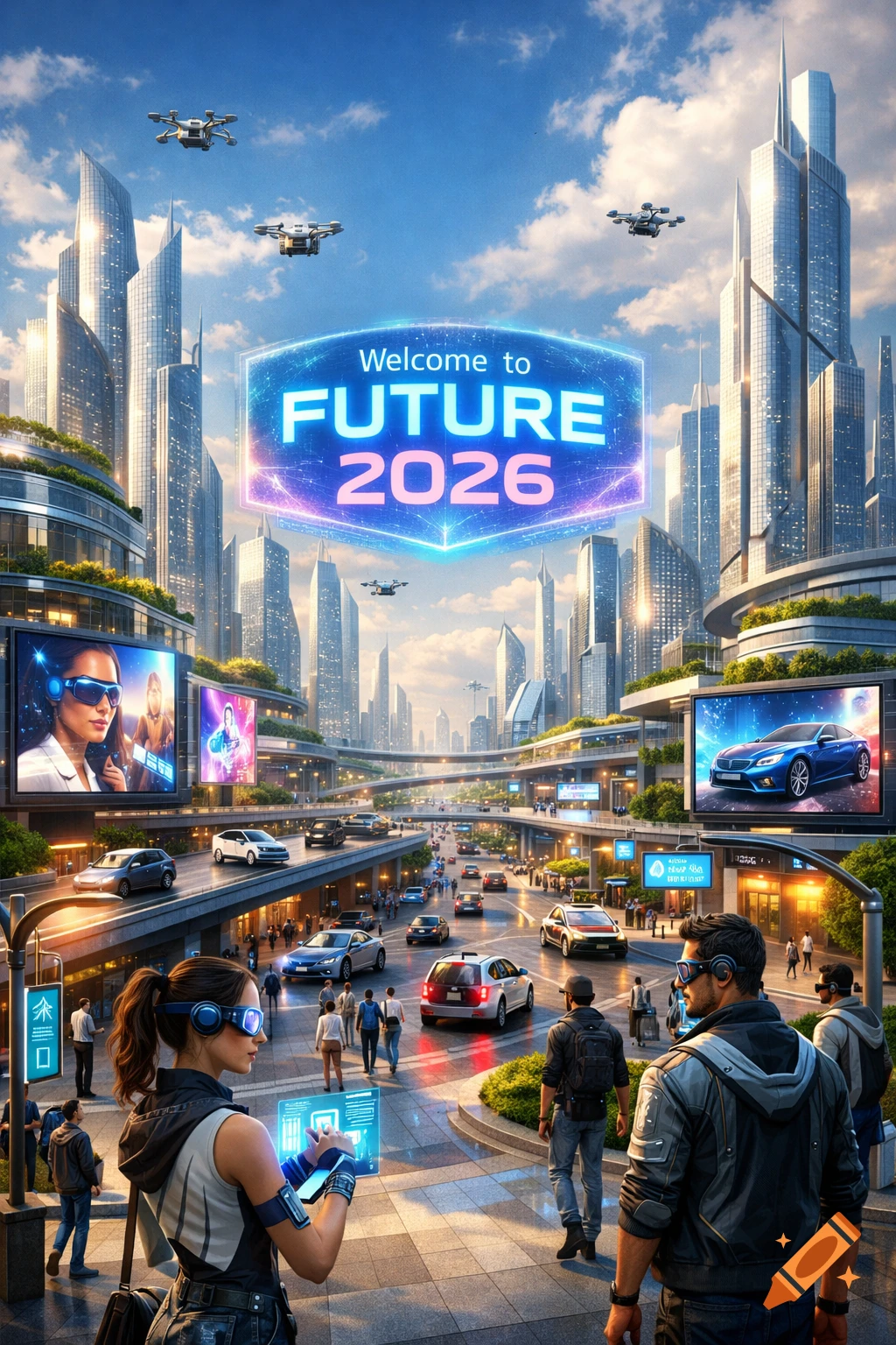 A bustling futuristic city scene with tall skyscrapers, flying drones ...