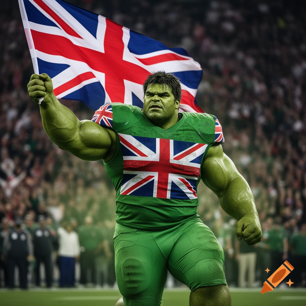 A muscular green Hulk-like American football player, in a green uniform ...