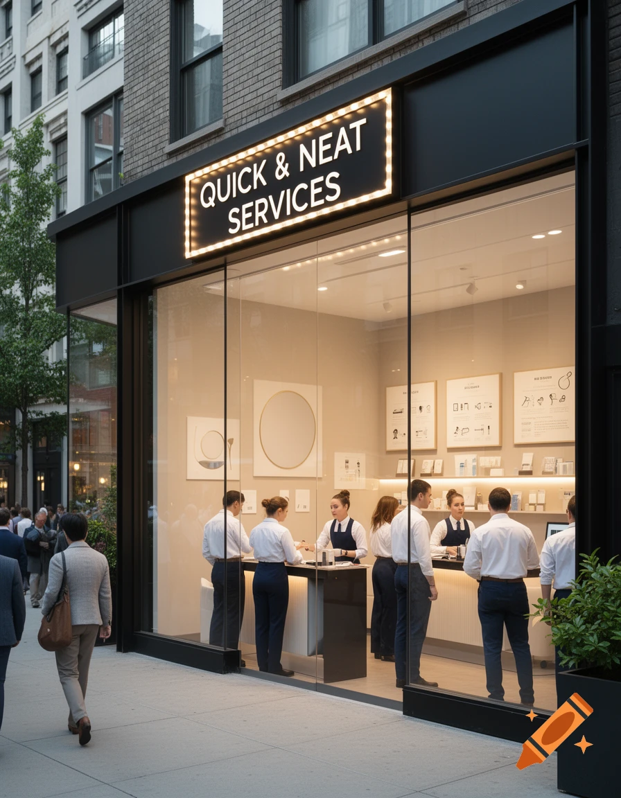 A photorealistic image of a modern storefront for "Quick & Neat ...