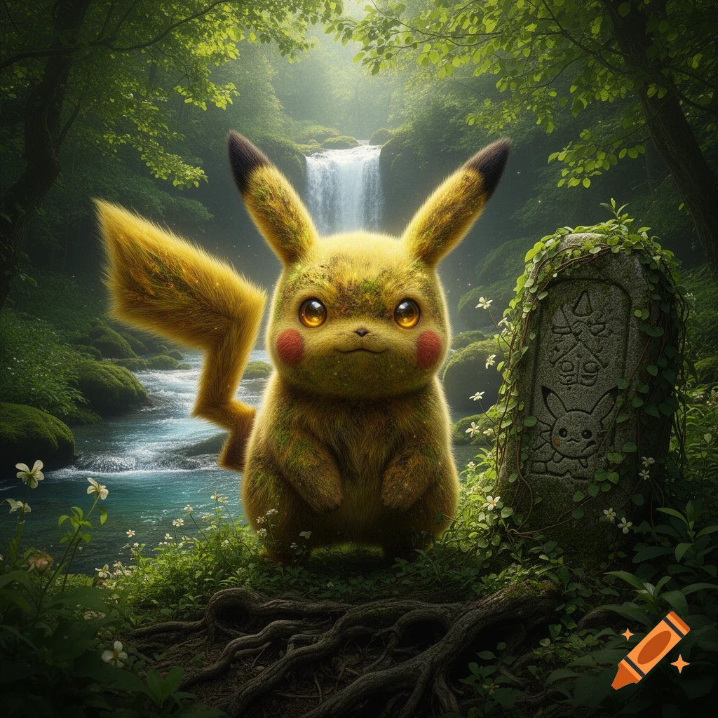 A fuzzy, moss-covered Pikachu stands in a lush, green forest beside a ...