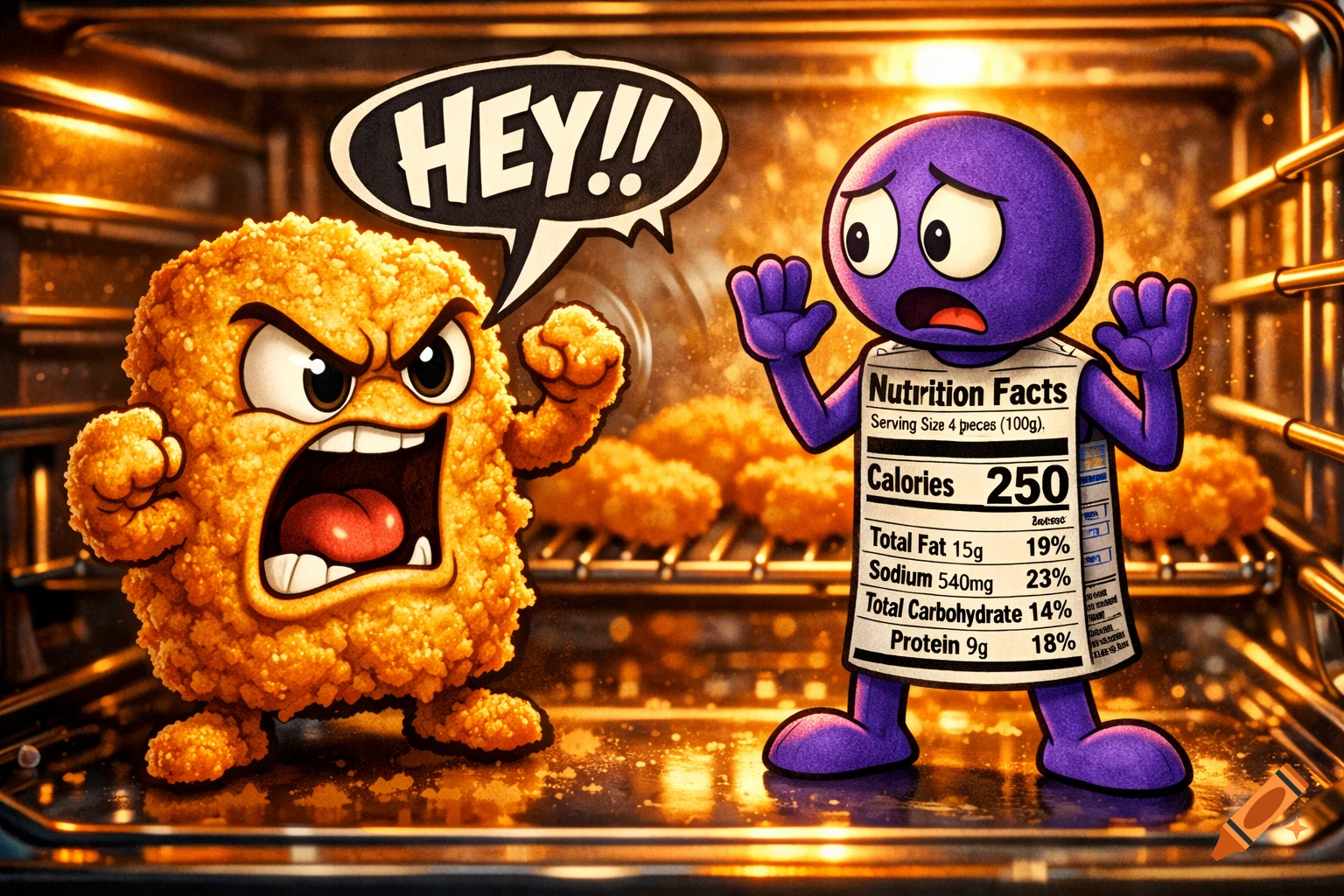 An angry cartoon chicken nugget shouts 'HEY!!' at a scared purple ...