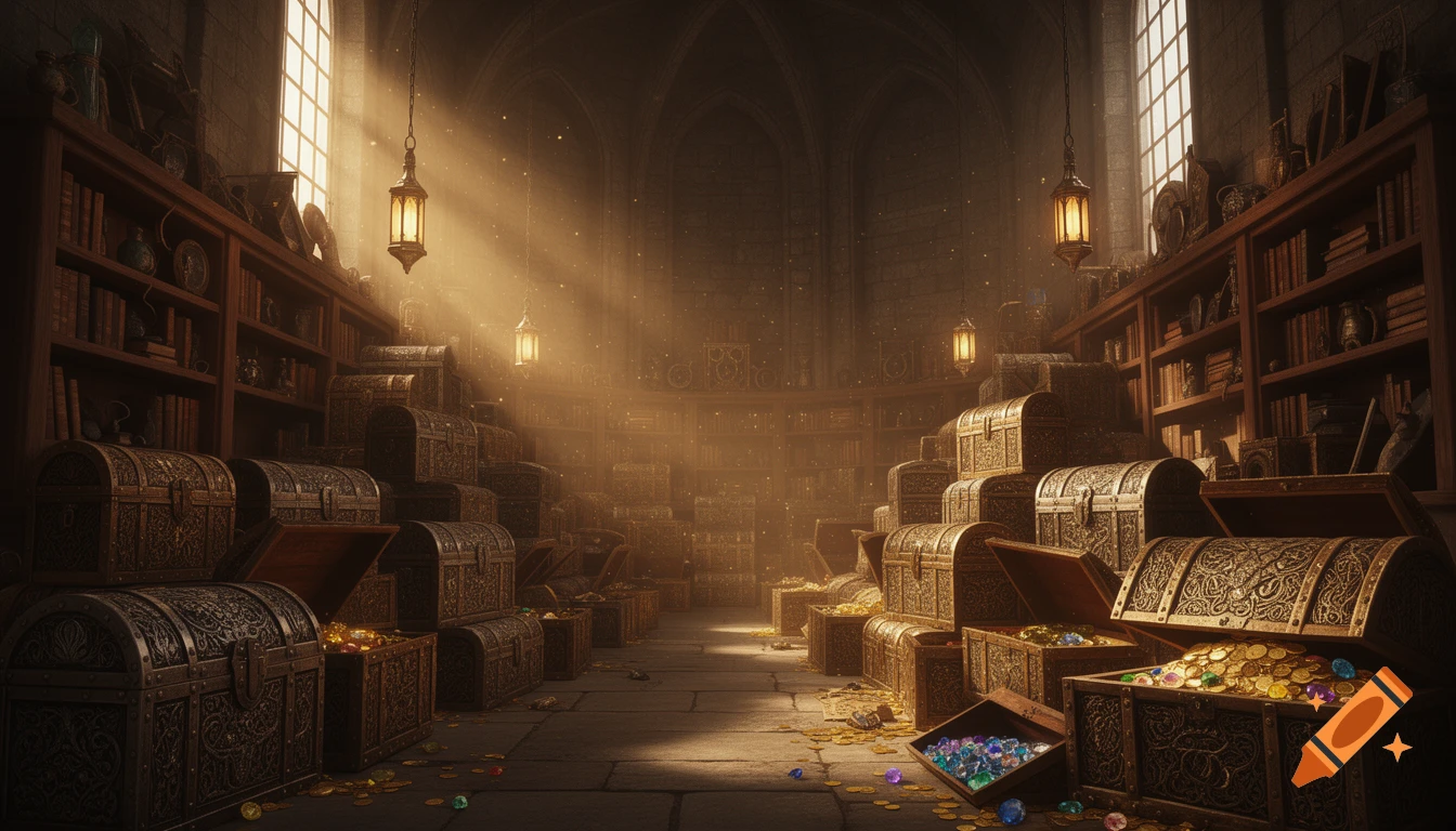 A vast fantasy storage room bathed in sunbeams, filled with ornate ...