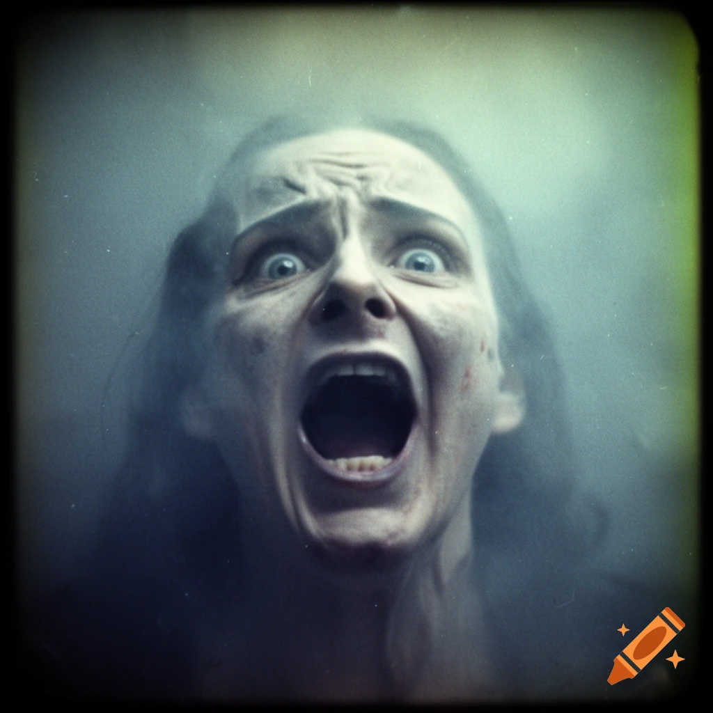 Close-up of a screaming woman with a terrified, distorted face in a ...