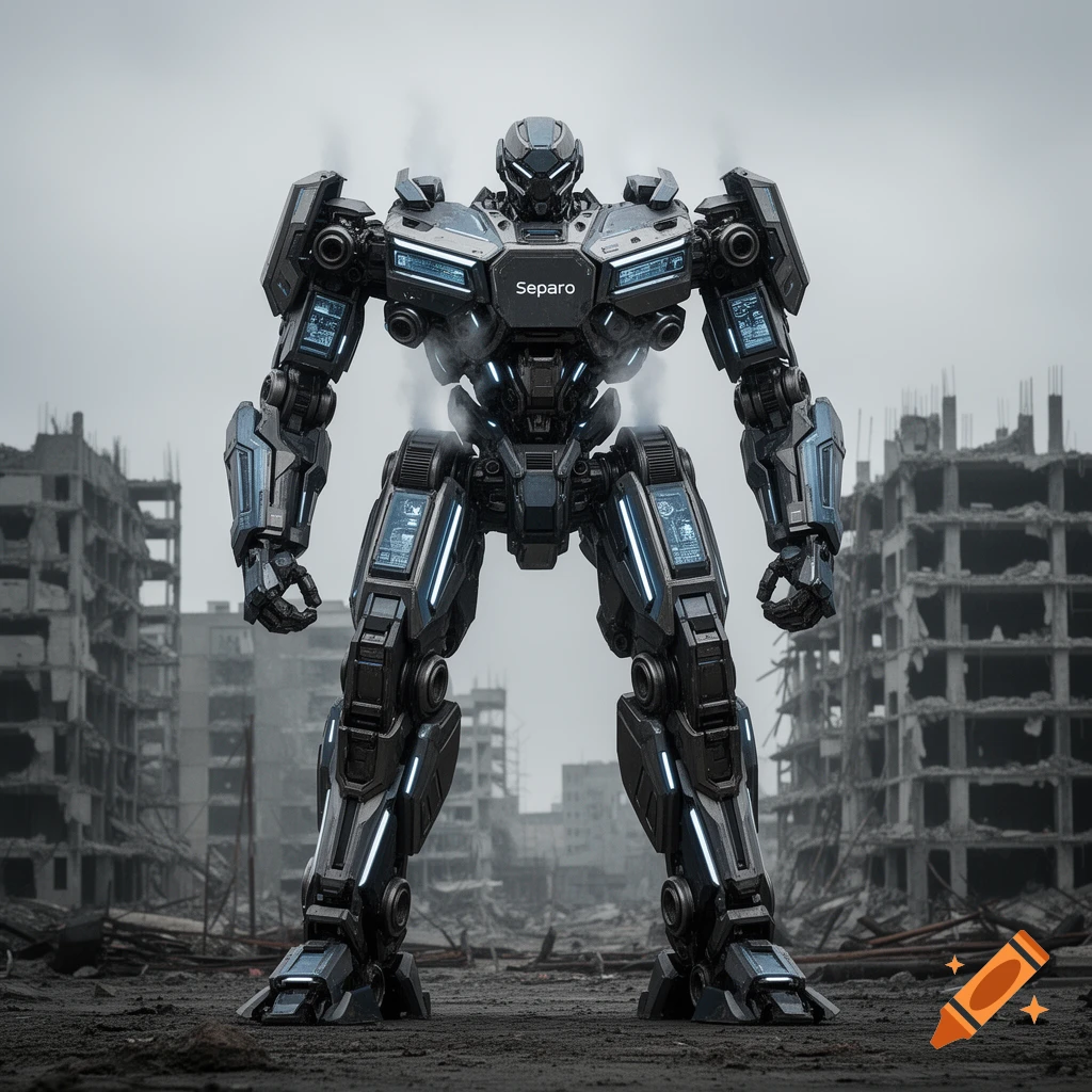 A detailed, dark gray futuristic mech robot with glowing blue lights ...