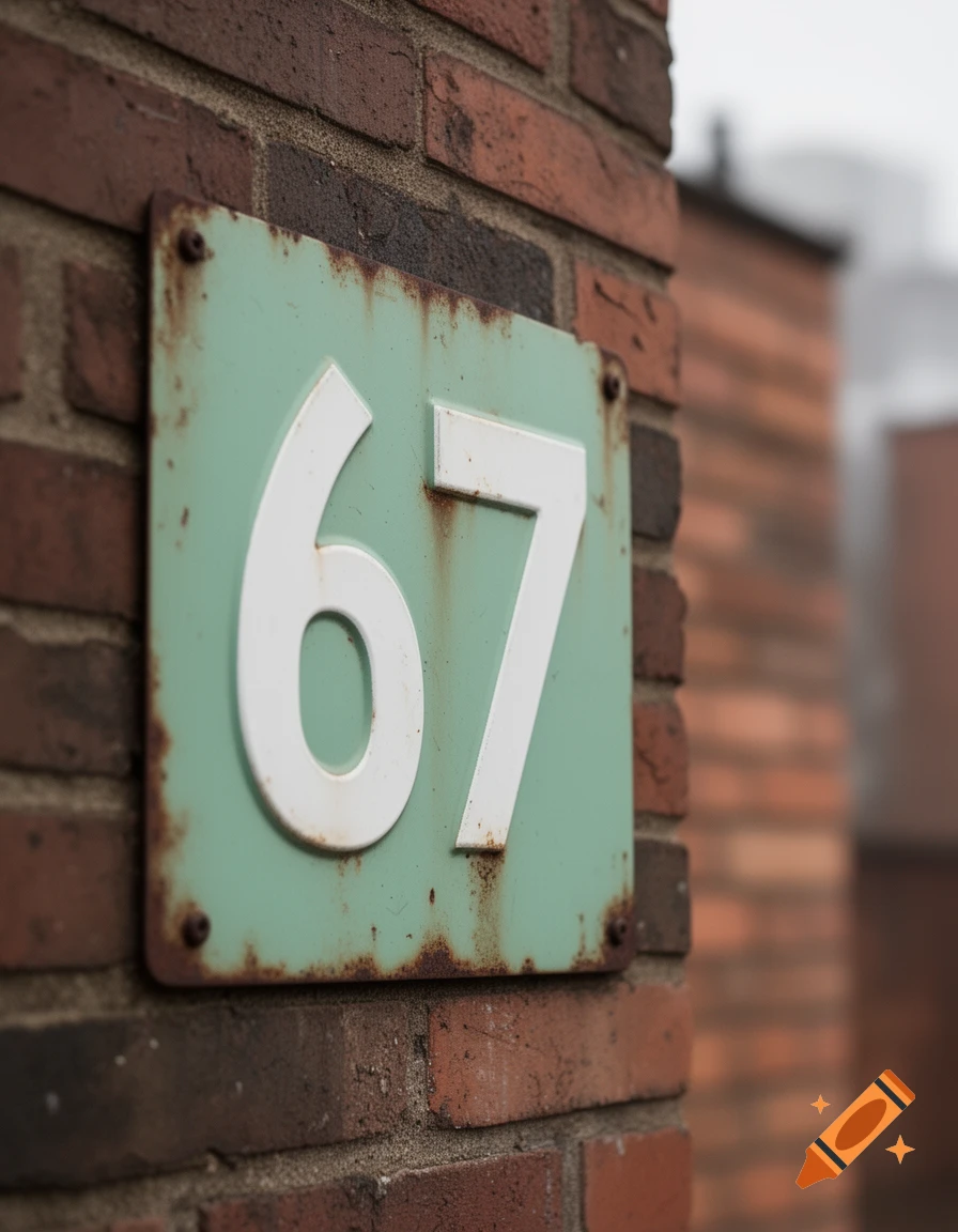 A weathered mint green house number sign with white numbers '67' is ...