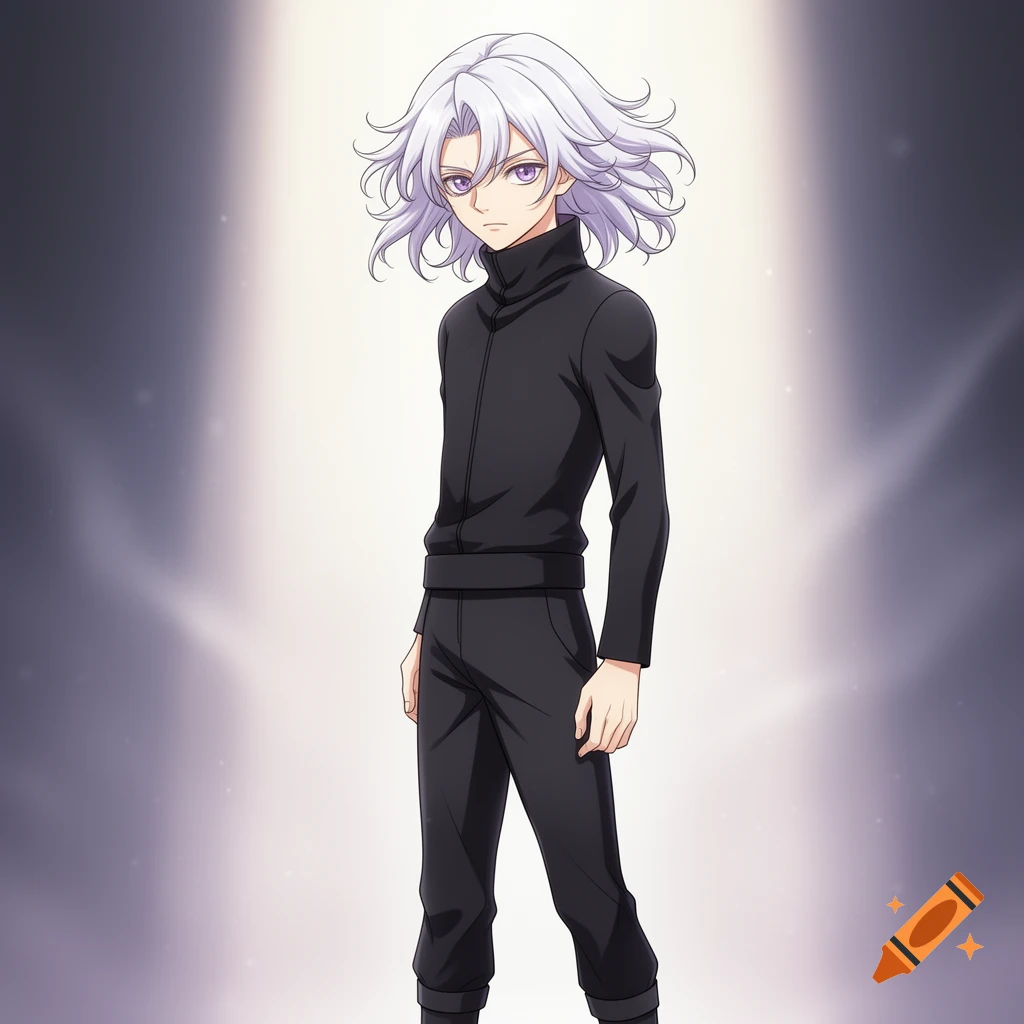 An anime character with flowing white hair and purple eyes, dressed in ...