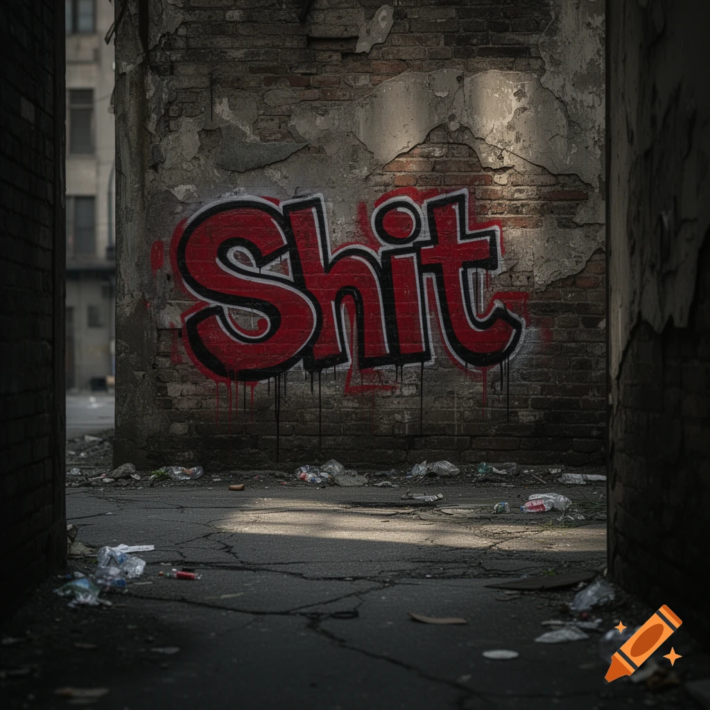 The word "Shit" spray-painted in red and black graffiti on a crumbling ...