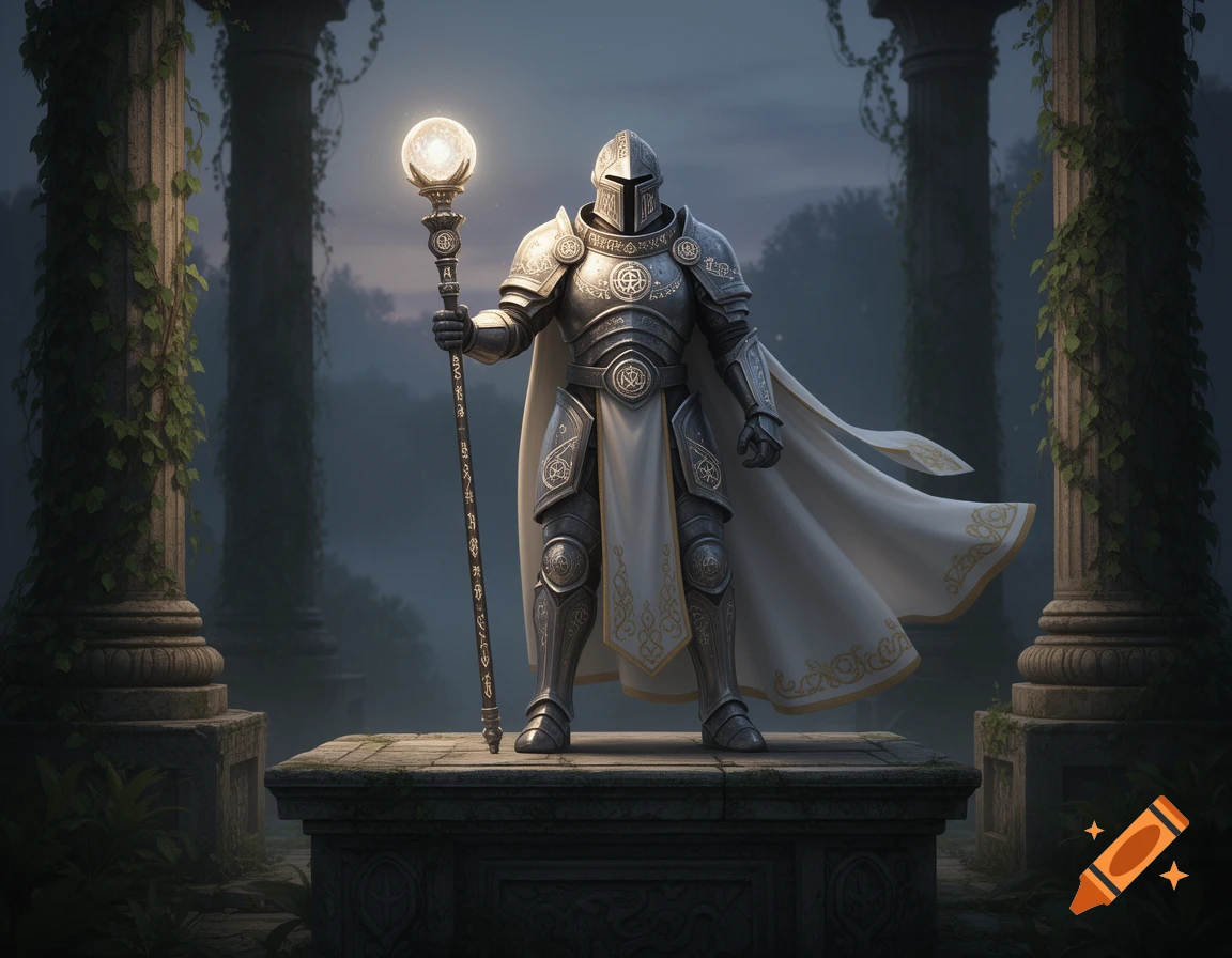 A heavily armored battle priest stands on an ancient stone altar ...