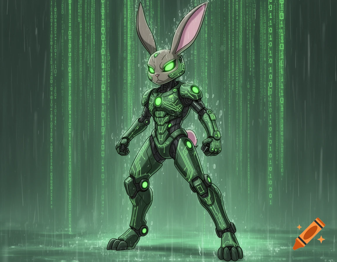 A green armored cybernetic rabbit character with glowing eyes stands in ...