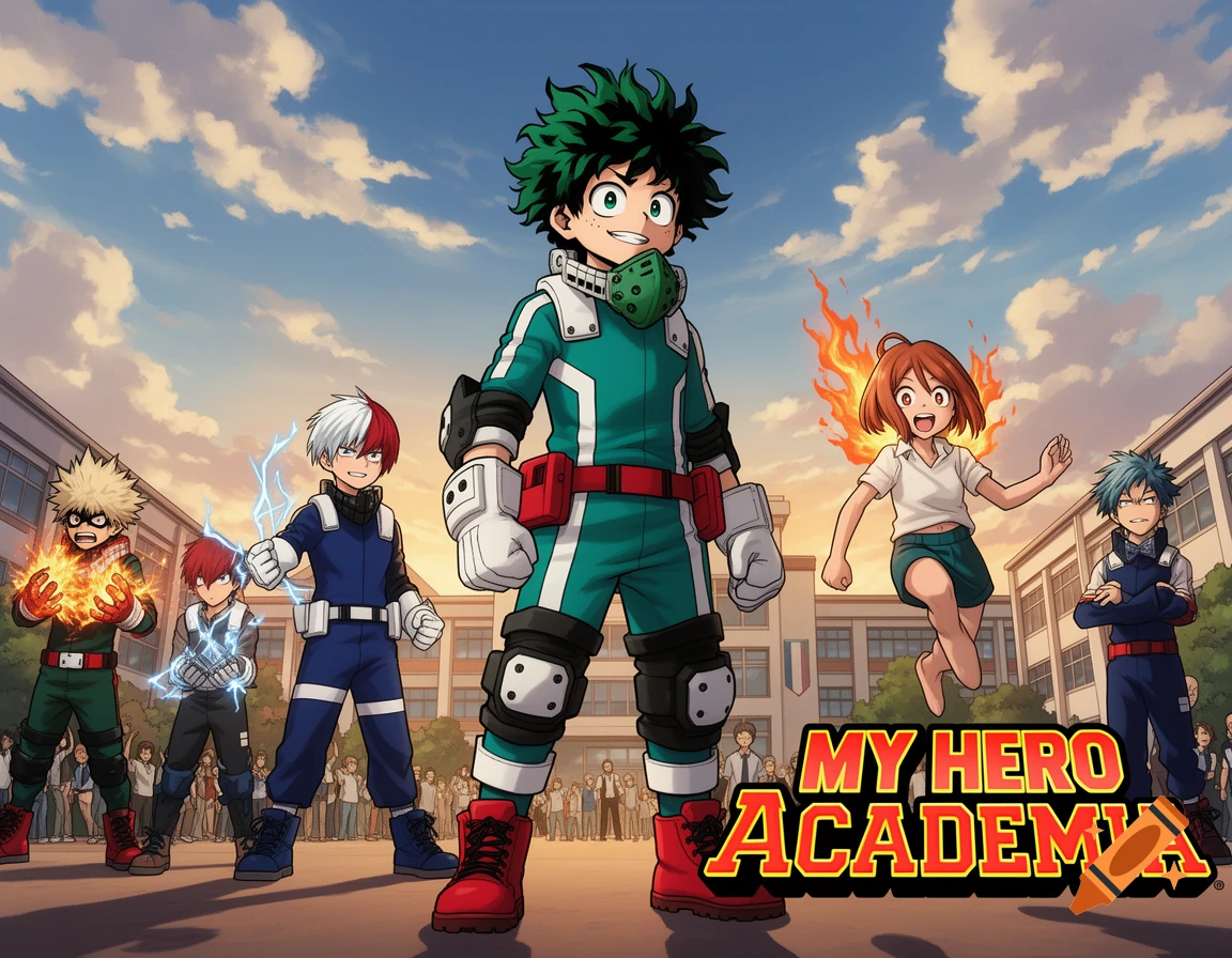 Izuku Midoriya and other My Hero Academia characters stand in front of ...