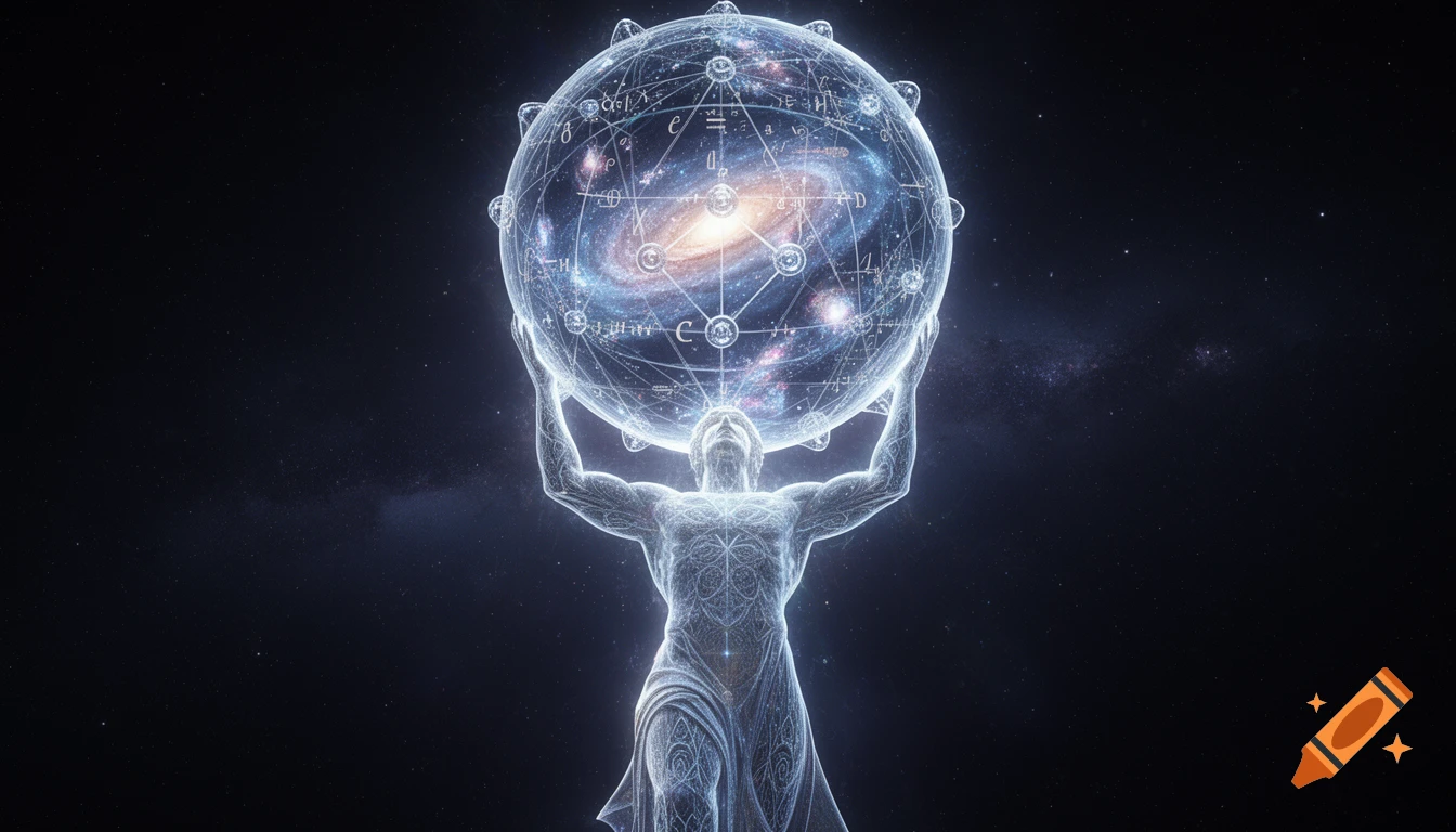 A glowing, ethereal figure resembling Atlas holds a transparent sphere ...