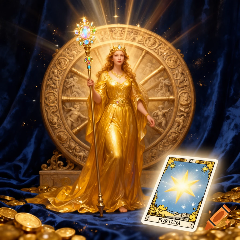 A queen in a golden gown holding a staff stands before a golden wheel ...