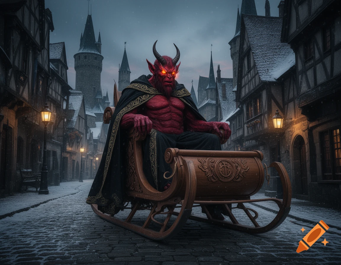 A photorealistic image of a red-skinned, horned devil with glowing eyes ...