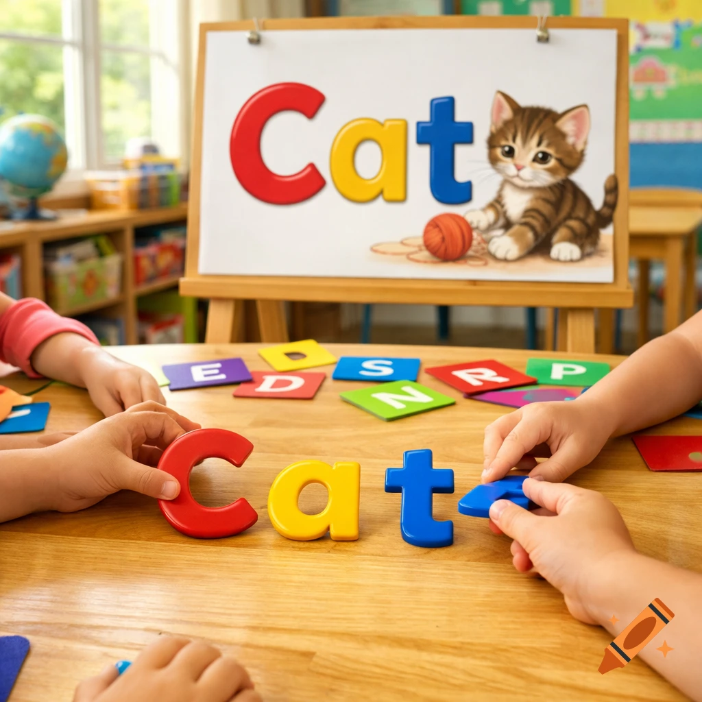 Children's hands spell 'Cat' with letter blocks on a table, next to an ...
