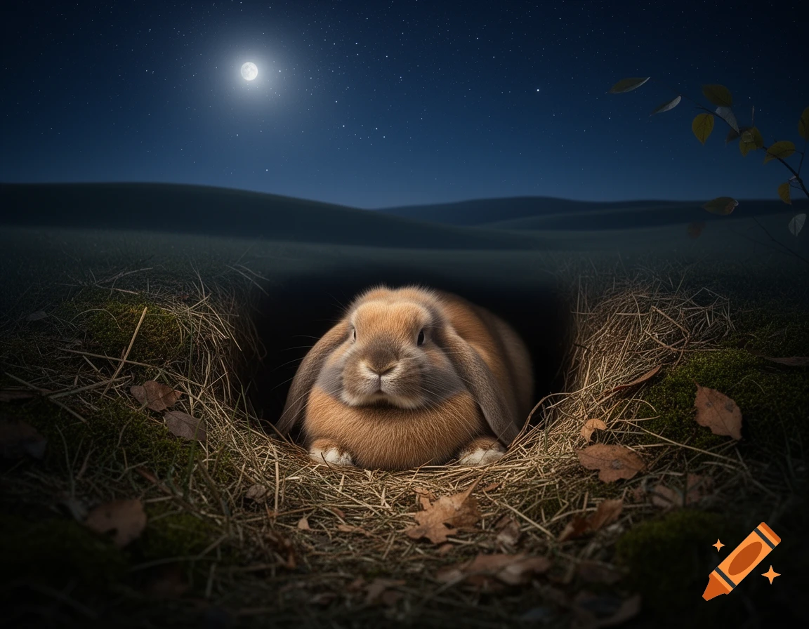 A fluffy brown bunny rests in a grassy burrow entrance under a dark ...
