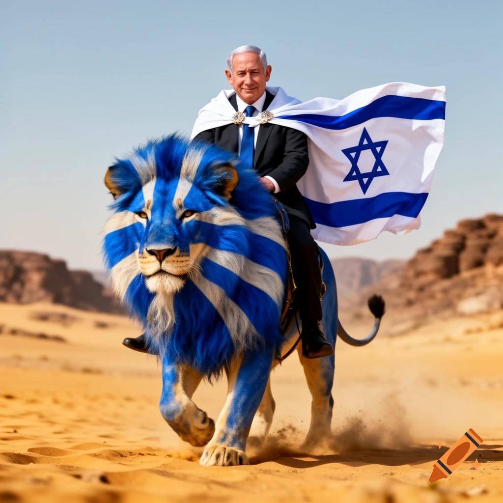Photorealistic image of Benjamin Netanyahu riding a lion painted with ...