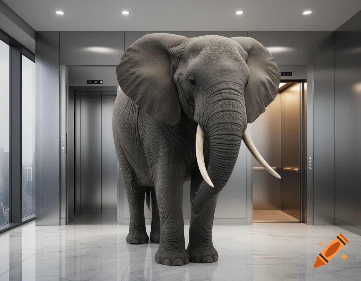 A large photorealistic elephant stands in a modern building lobby with ...