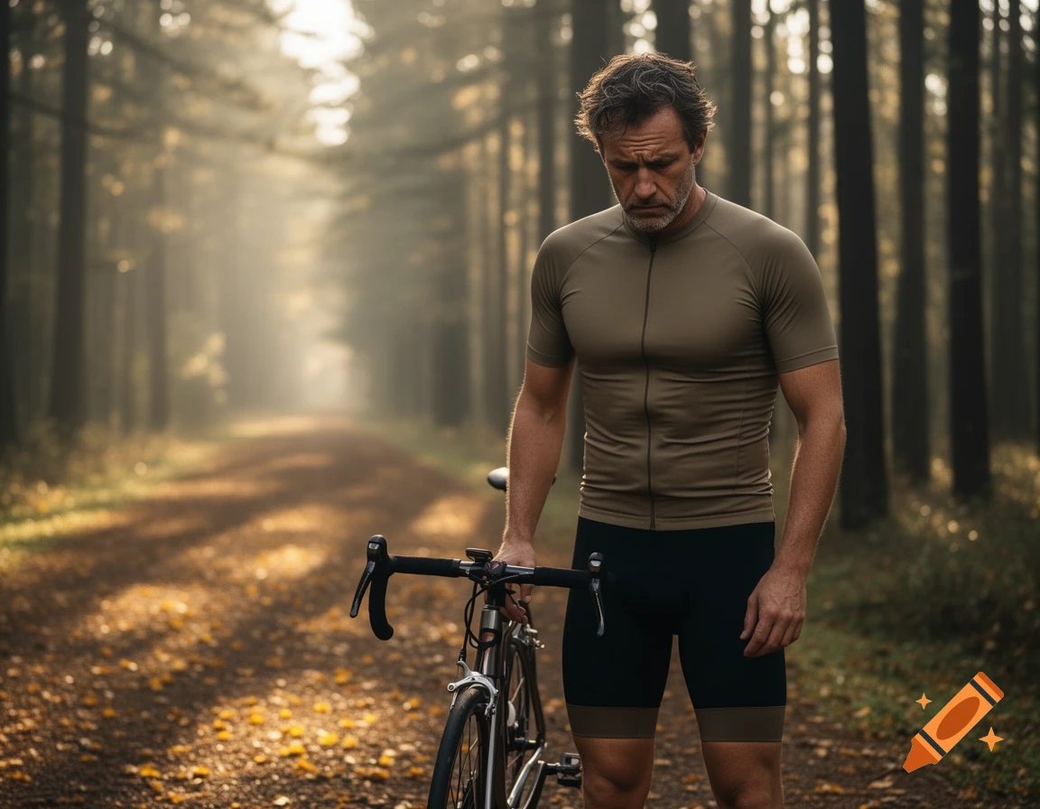 A man in cycling gear stands with his bike on a leafy path in a misty ...
