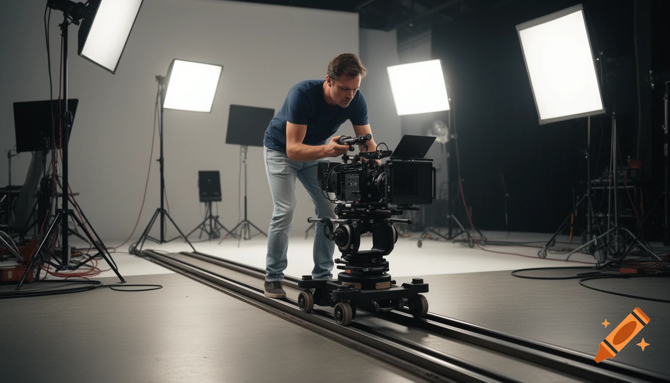 A man operates a professional camera on a dolly track in a brightly lit ...