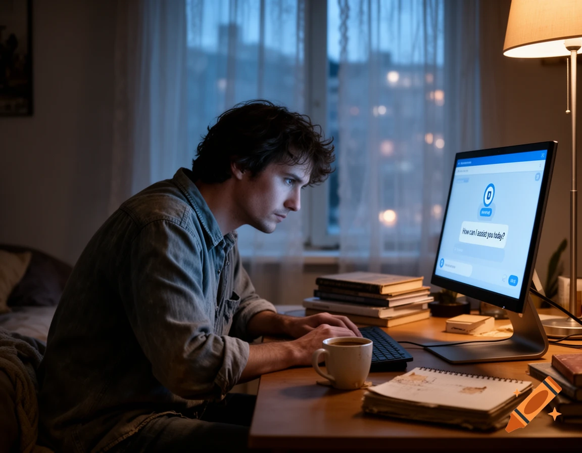A young man with curly hair sits at a desk, typing on a keyboard and ...