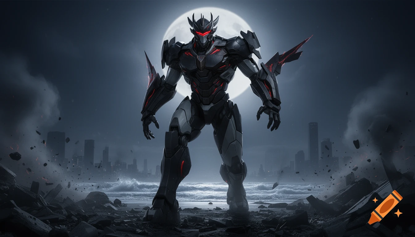 A colossal black and grey mech, Apex Shadow, stands in a ruined coastal ...