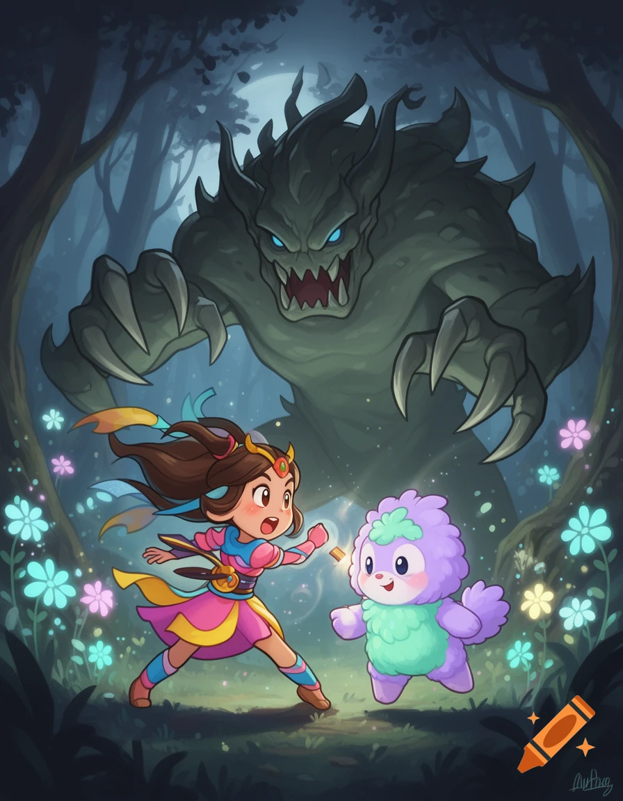 A cartoon girl and a fuzzy purple creature confront a giant green ...