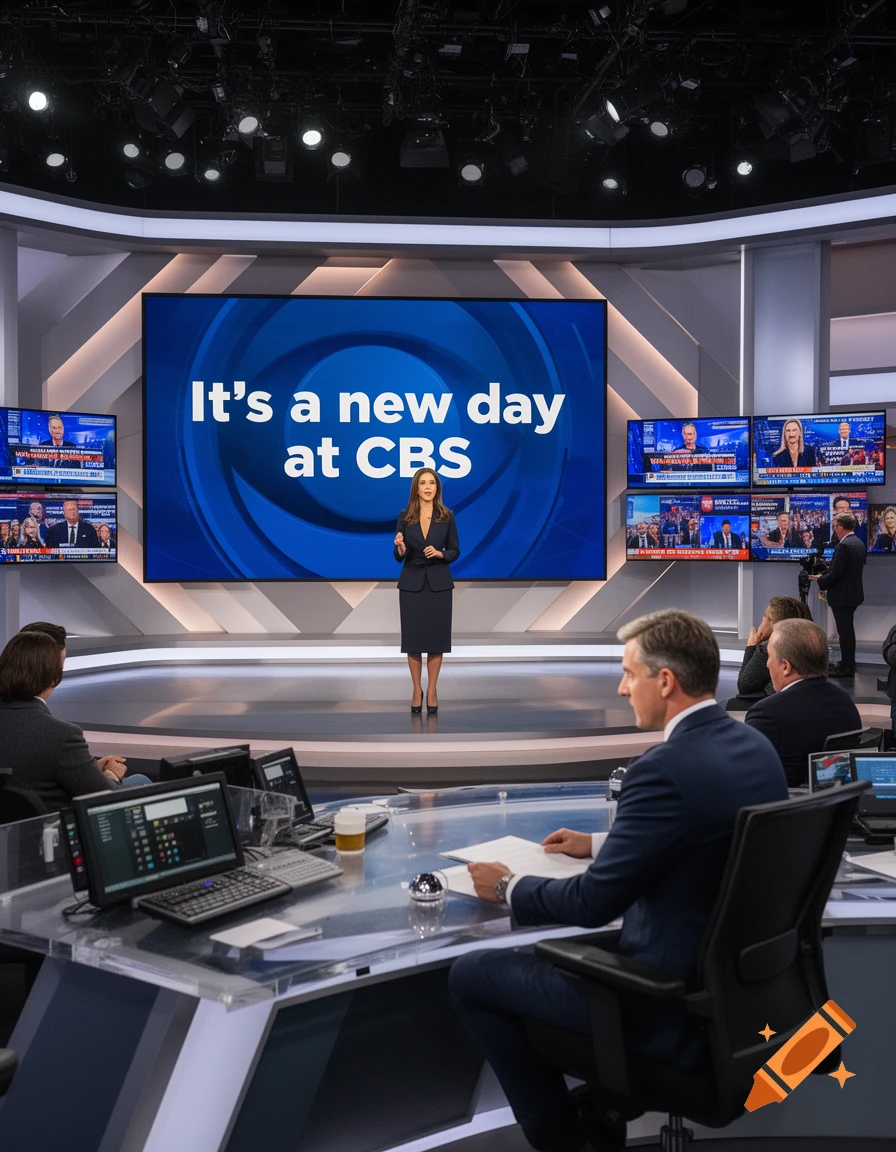 A broadcast journalist stands on stage in a modern CBS news studio ...