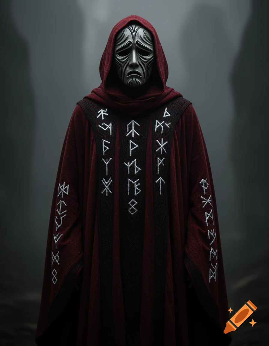 A figure in a red and black hooded robe with silver runes stands in fog ...