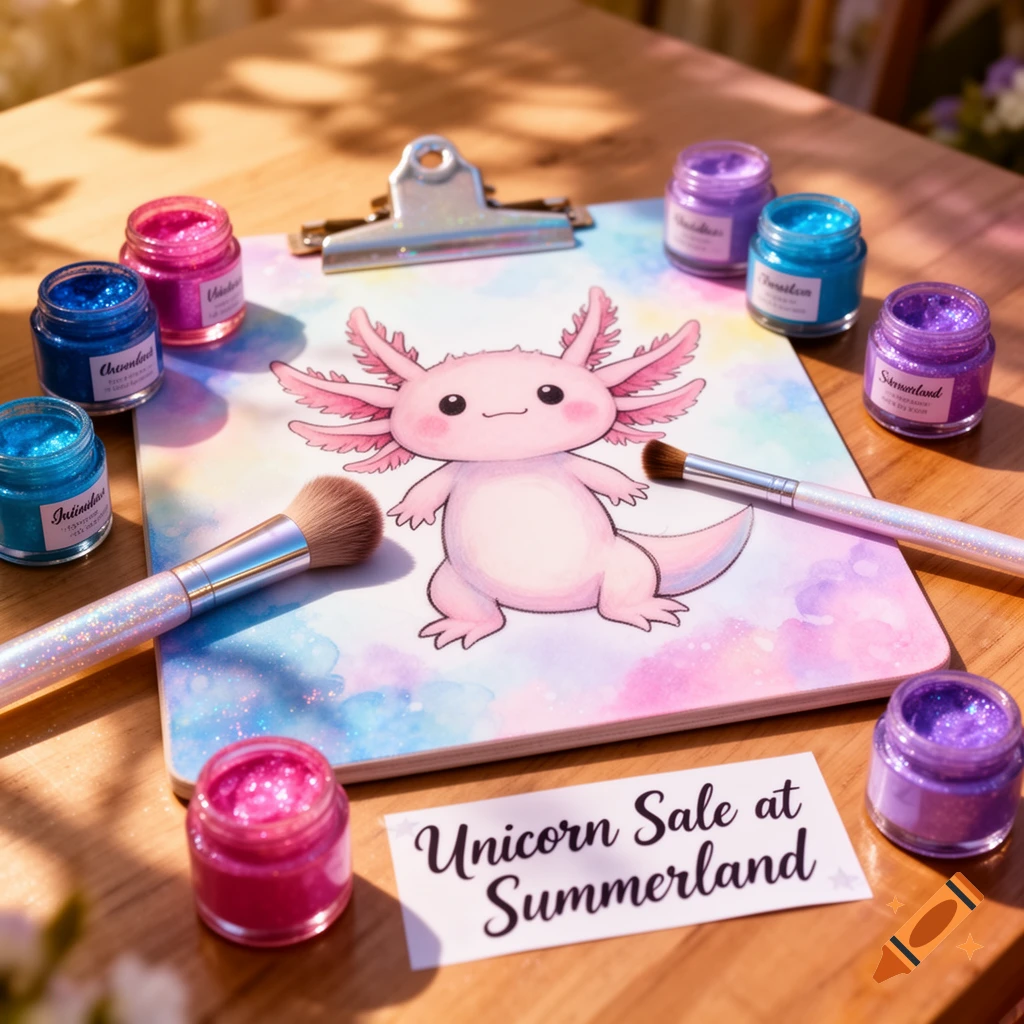 An axolotl drawing on a clipboard surrounded by glitter pots in various ...